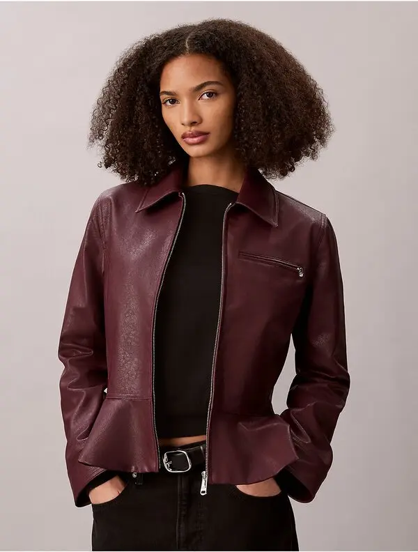 Calvin Klein Distressed Faux Leather Moto Jacket - Raspberry Truffle