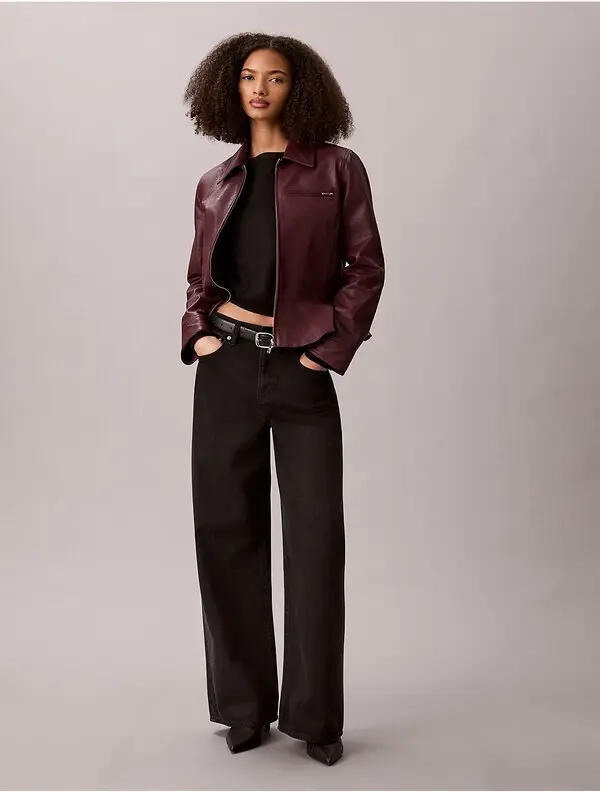 Calvin Klein Distressed Faux Leather Moto Jacket - Raspberry Truffle
