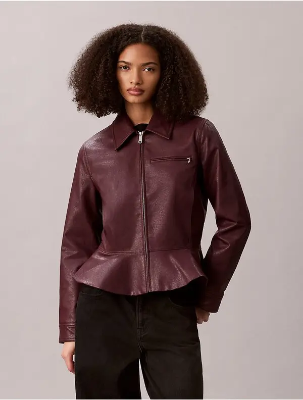 Calvin Klein Distressed Faux Leather Moto Jacket - Raspberry Truffle