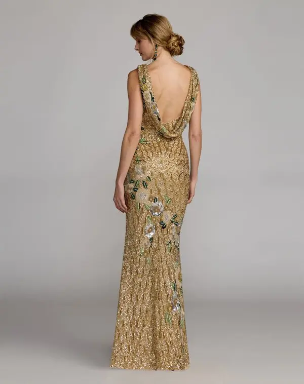 MAC DUGGAL COLLECTION Floral Embellished Sleeveless Cowl Back Gown