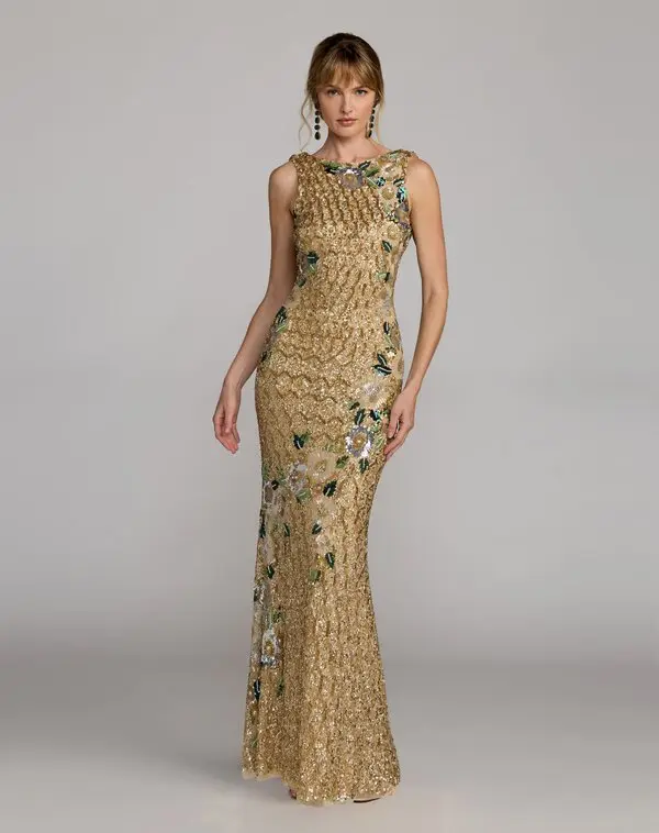 MAC DUGGAL COLLECTION Floral Embellished Sleeveless Cowl Back Gown