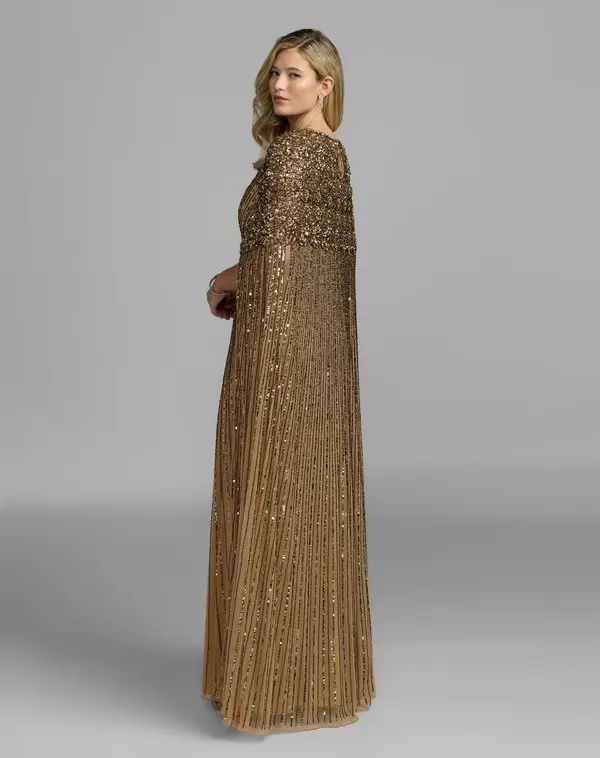 Mac Duggal High Neck Embellished Evening Gown With Cape