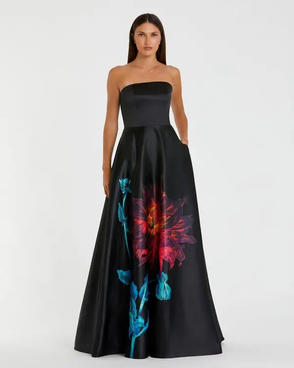Mac Duggal Floral Print Strapless Satin Gown