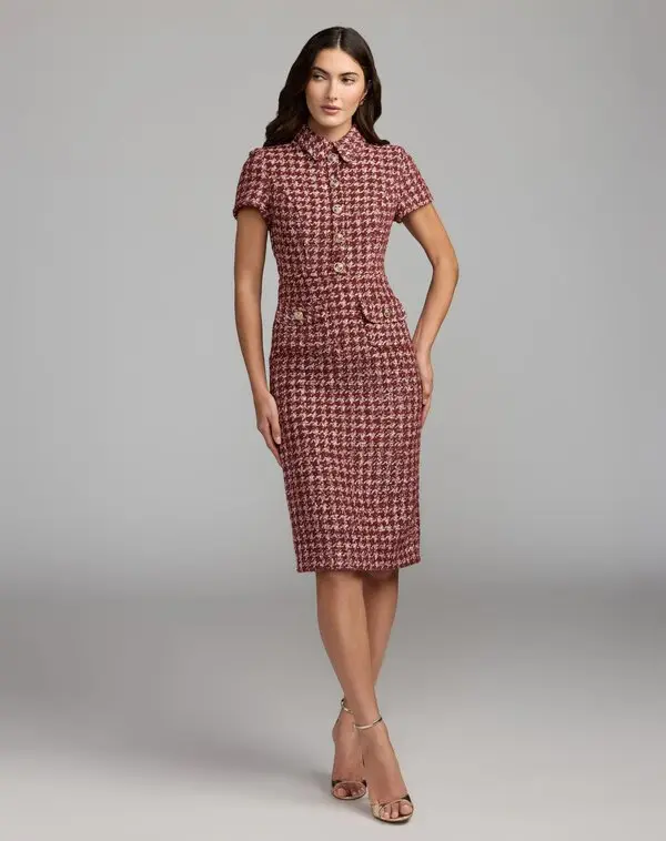 Mac Duggal Houndstooth Boucle Colla Midi Dress