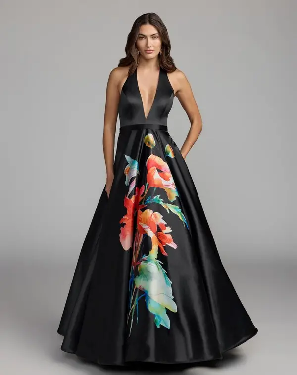 Mac Duggal Floral Print Halter Neck Ball Gown