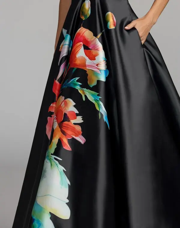 Mac Duggal Floral Print Halter Neck Ball Gown