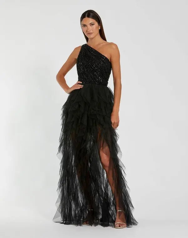 Mac Duggal Sequin One Shoulder Tiered Ruffle Gown