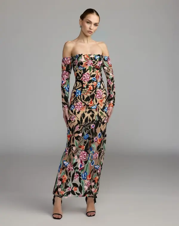 Mac Duggal Floral Embroidered Long Sleeve Maxi Dress