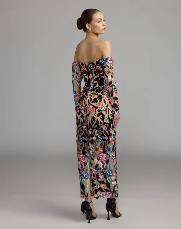 Mac Duggal Floral Embroidered Long Sleeve Maxi Dress