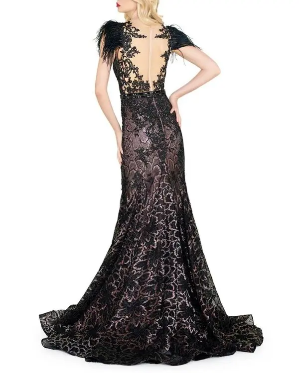 Mac Duggal Feather Embellished Cap-sleeve Dress