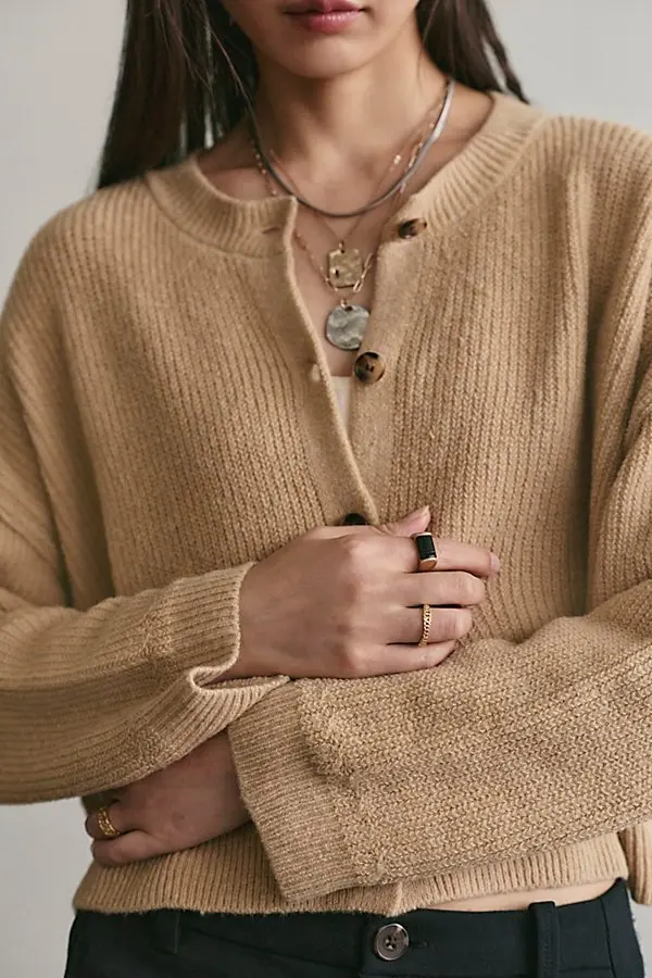 Free People Softspun Ribbed Knit Cardigen - Oat Latte