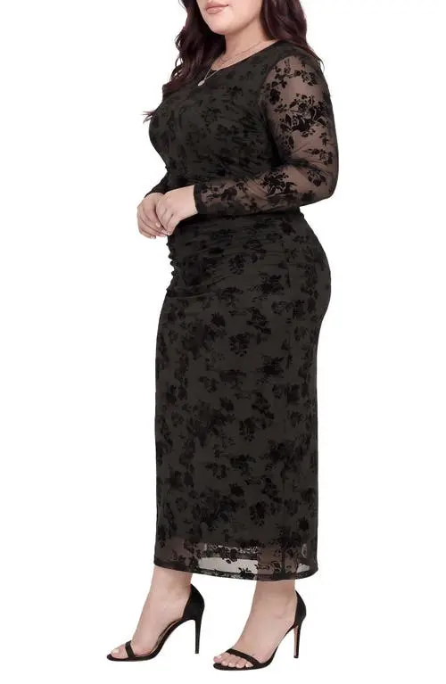STANDARDS & PRACTICES Floral Mesh Ruched Waist Fishtail Maxi Dress