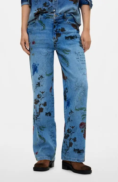 Desigual Print Mid Rise Straight Leg Jeans