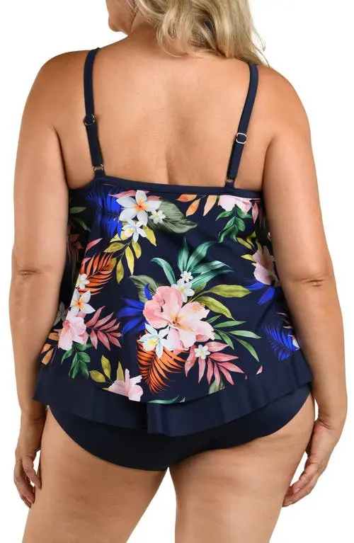 MAXINE OF HOLLYWOOD Leisure Tropics Flutter Hem Tankini Top - Blue Multi