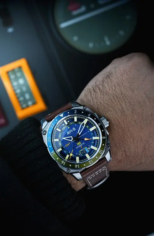 AVI-8 Hawker Hunter Atlas Gmt Automatic Leather Strap Watch - Blue