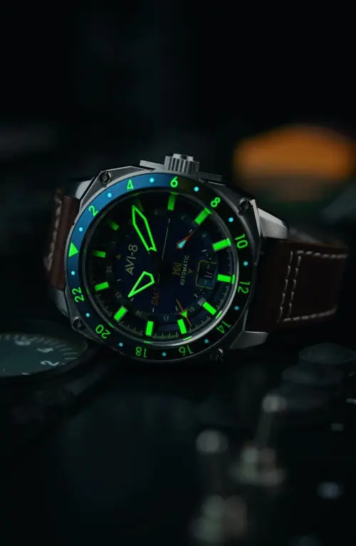 AVI-8 Hawker Hunter Atlas Gmt Automatic Leather Strap Watch - Blue