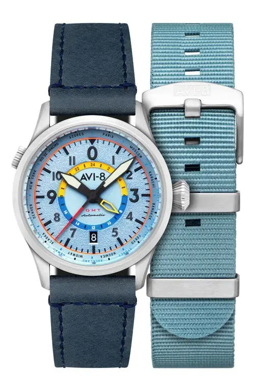 AVI-8 Flyboy Wingman Worldtime Automatic Leather Strap Watch - Blue
