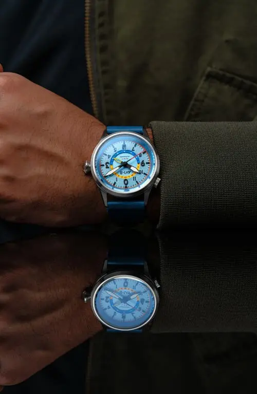 AVI-8 Flyboy Wingman Worldtime Automatic Leather Strap Watch - Blue