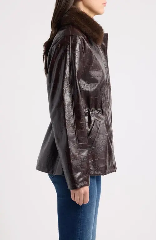 Bernardo Croc Embossed Faux Leather Jacket With Faux Fur Collar