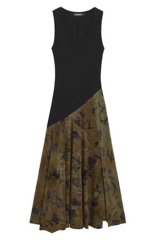 Desigual Floral Sleeveless Mixed Media Midi Dress