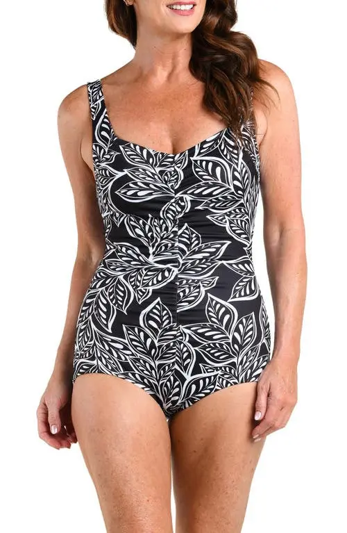 MAXINE OF HOLLYWOOD Native Vines Ruched Spa One-piece Swimsuit - Black