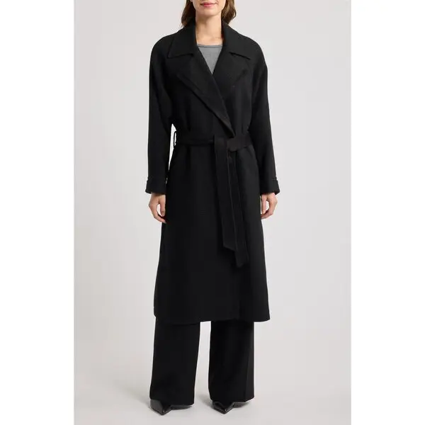 Via Spiga Belted Wool Blend Coat With Faux Suede Trim - Black