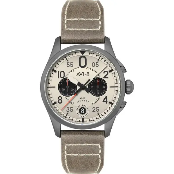 AVI-8 Spitfire Lock Chronograph Leather Strap Watch - Cream