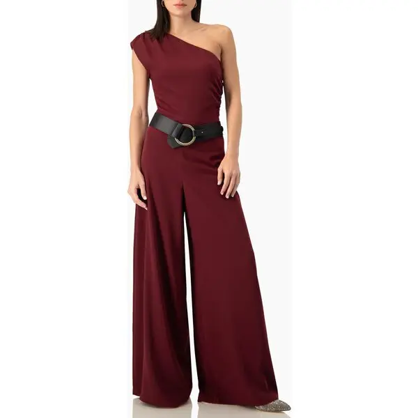 IVONNE Asymmetric One-shoulder Wide-leg Jumpsuit - Wine