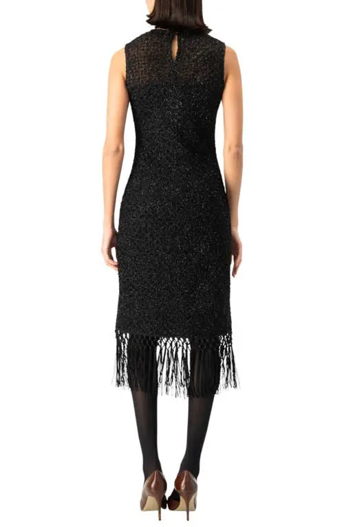 IVONNE Fringe Hem Metallic Knit Midi Dress With Illusion Yoke