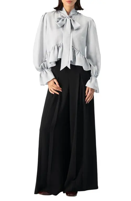 IVONNE Heathered Woven Bow Blouse With Ruffle Hem