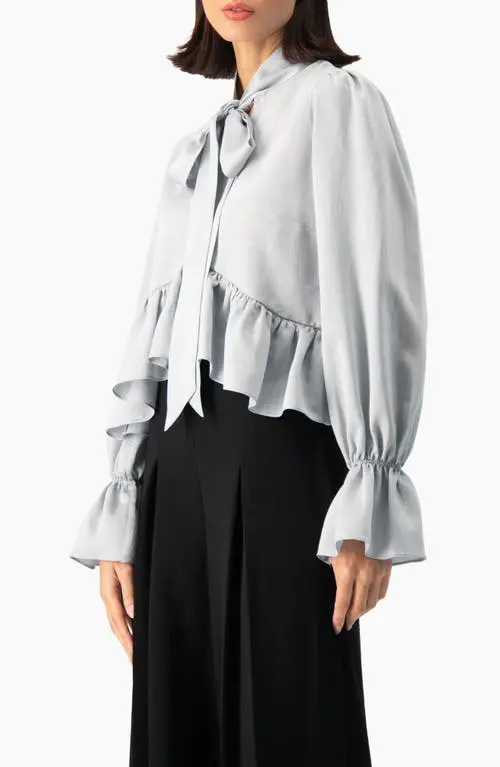 IVONNE Heathered Woven Bow Blouse With Ruffle Hem