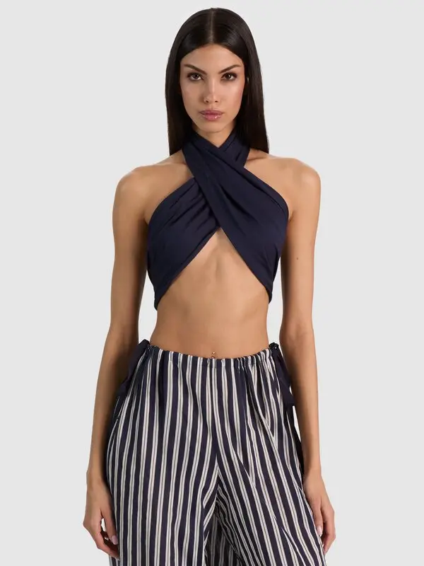 Alice + Olivia Pearl Pointelle Tie Back Halter - Navy