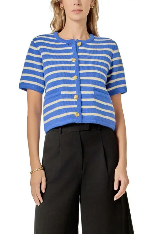 English Factory Stripe Short Sleeve Cardigan - Blue/ivory