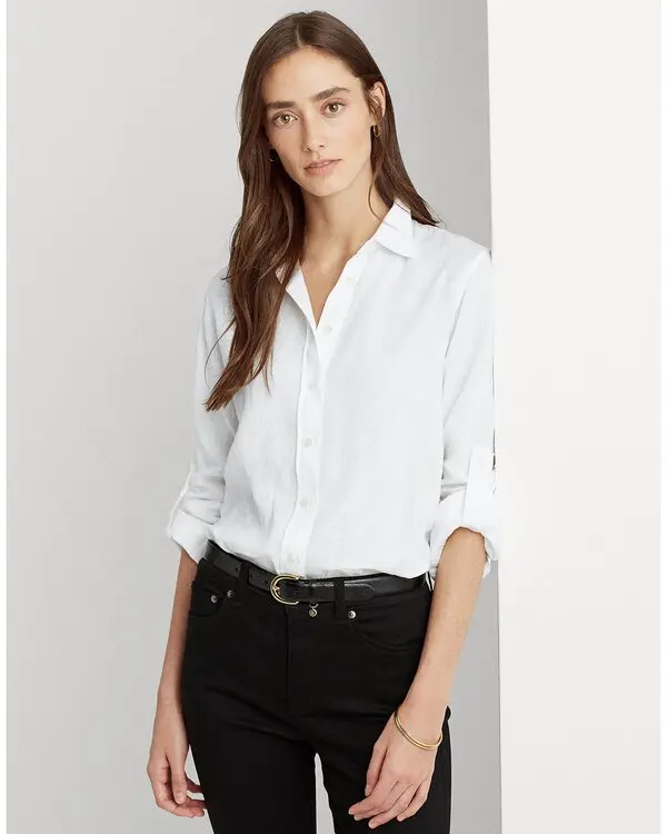 Ralph Lauren Linen Long Sleeve Collared Button Down Shirt, Regular & Petite - White