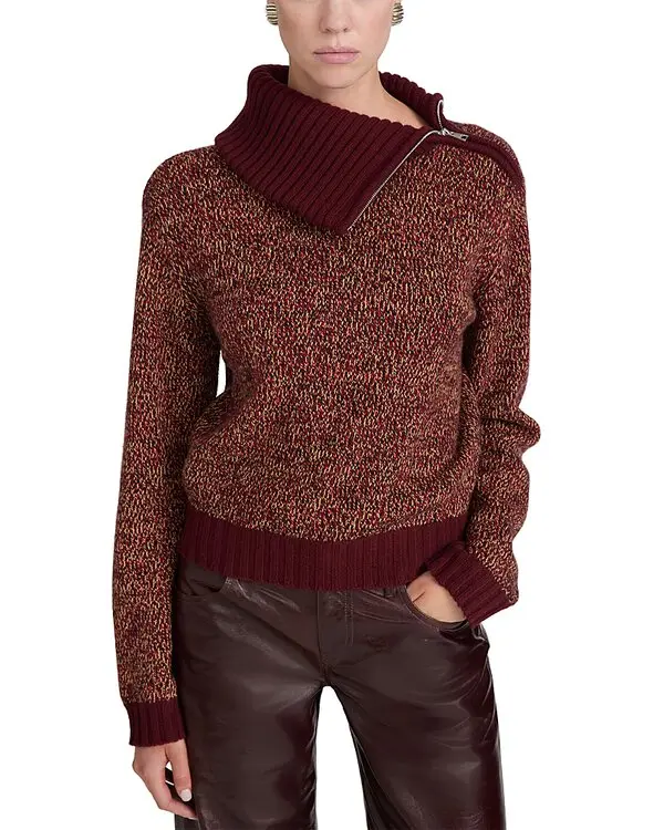 FRAME Marled Merino Wool Cowl Neck Zip Sweater