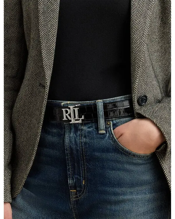 Ralph Lauren Logo Buckle Reversible Crocodile Embossed Leather Belt
