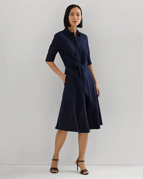 Ralph Lauren Tie Front Linen Shirt Dress - Lauren Navy