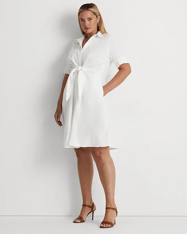 Ralph Lauren Plus Tie Front Linen Shirt Dress - White