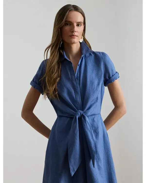 Ralph Lauren Tie Front Linen Shirt Dress - Blue