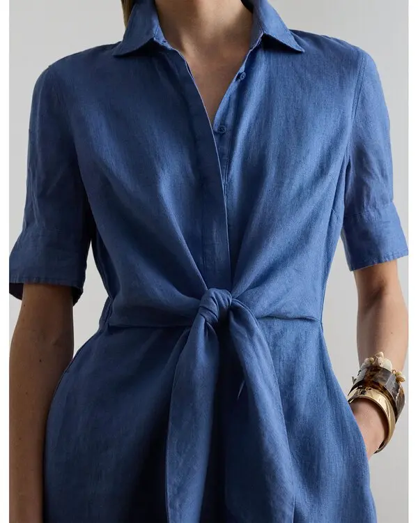 Ralph Lauren Tie Front Linen Shirt Dress - Blue
