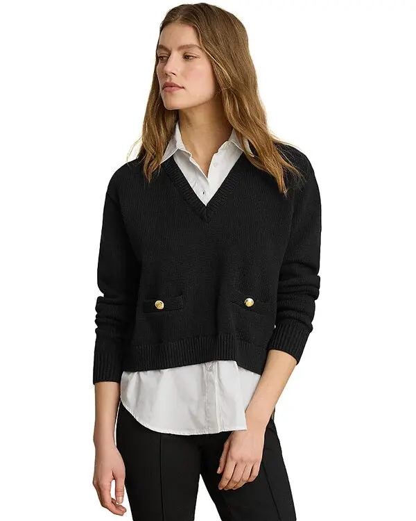 Ralph Lauren Layered Button Trim Cotton Sweater