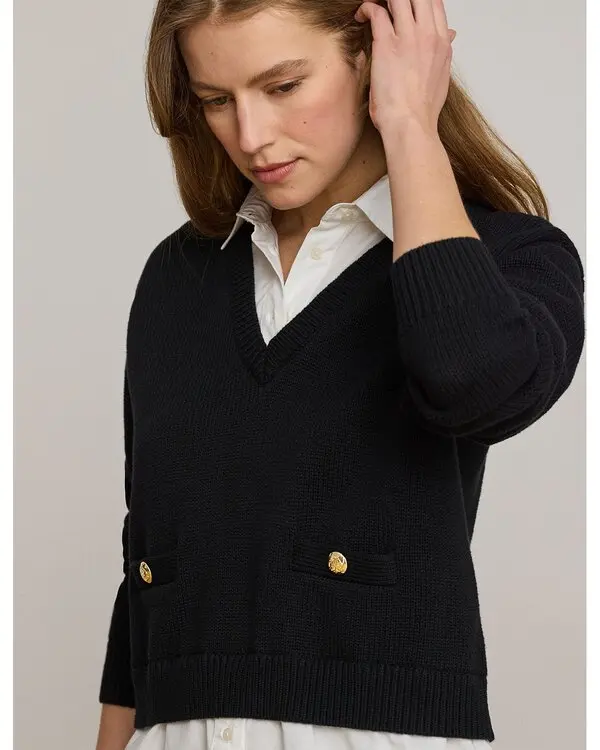 Ralph Lauren Layered Button Trim Cotton Sweater