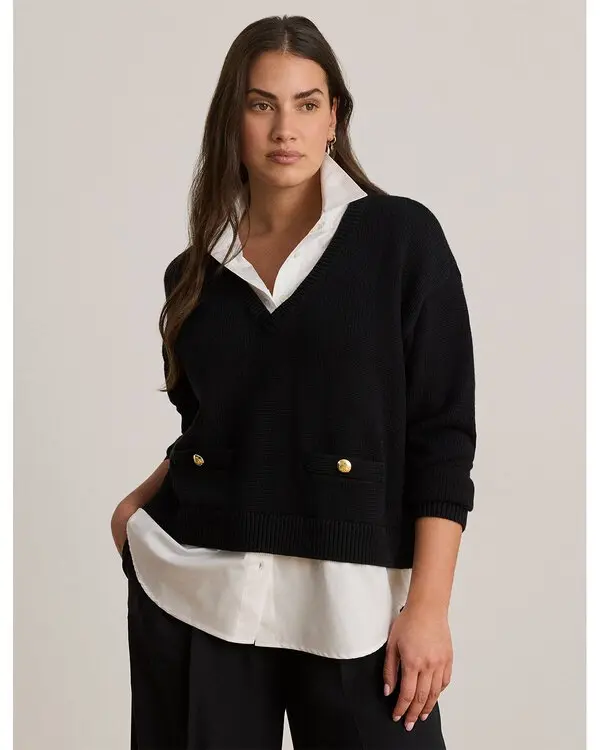 Ralph Lauren Layered Button Trim Cotton Sweater