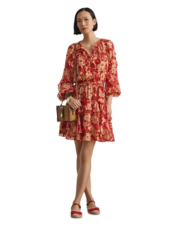 Ralph Lauren Print Ruffle Trim Georgette Tiered Dress