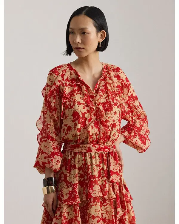 Ralph Lauren Print Ruffle Trim Georgette Tiered Dress