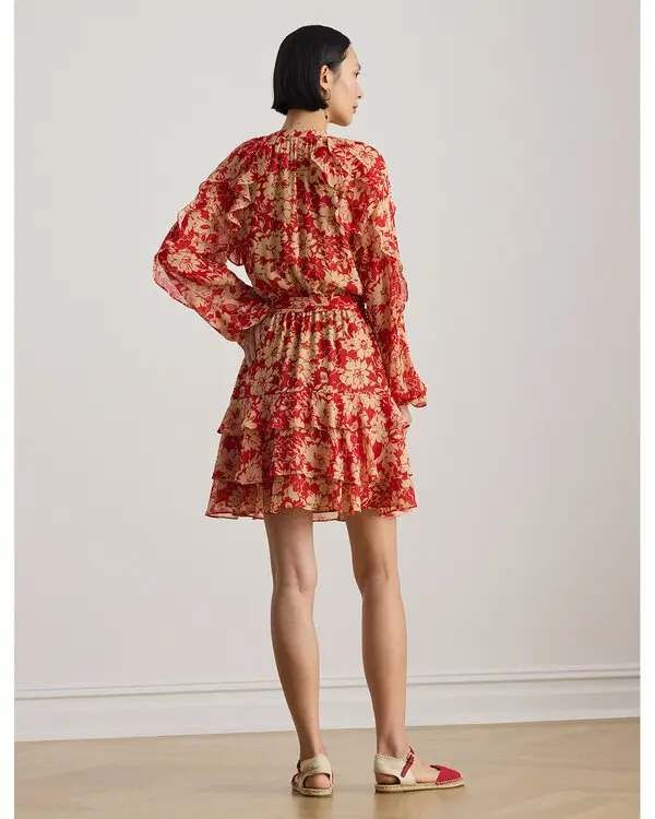 Ralph Lauren Print Ruffle Trim Georgette Tiered Dress
