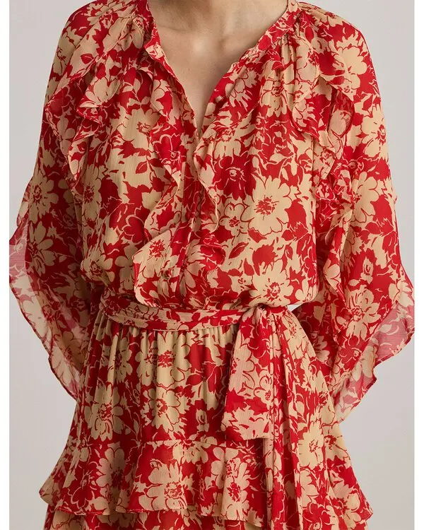 Ralph Lauren Print Ruffle Trim Georgette Tiered Dress