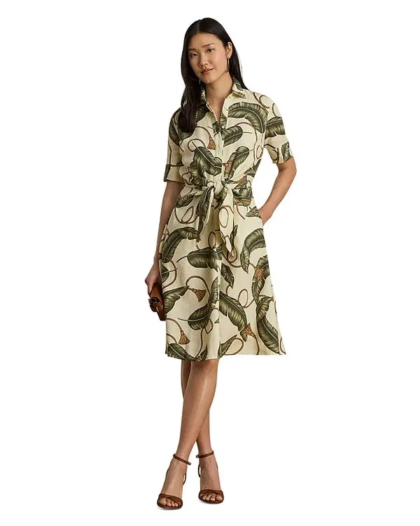 Ralph Lauren Rope Print Tie Front Linen Shirtdress