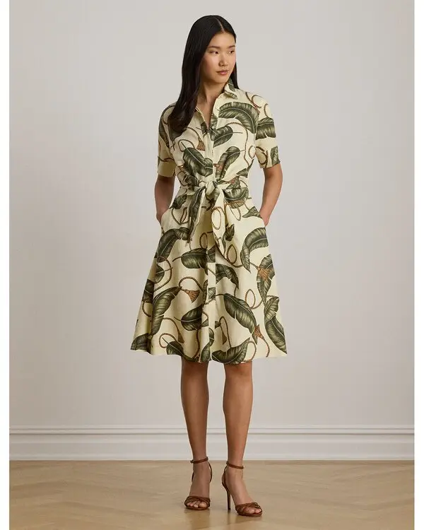 Ralph Lauren Rope Print Tie Front Linen Shirtdress