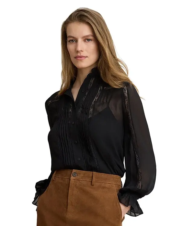 Ralph Lauren Lace Trim Crinkle Georgette Blouse - Black